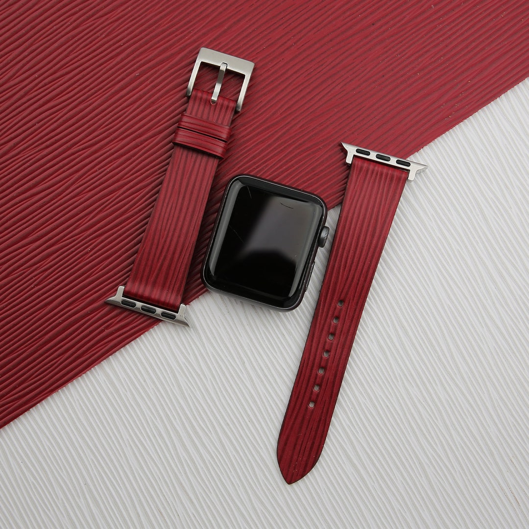 Burgundy Calfskin Waves Texture Apple Watch Band 38mm, 40mm, 41mm, 42mm ...