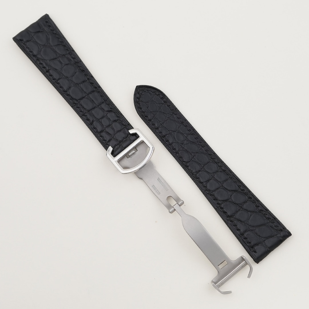 Single Folding Black Alligator Round Scales Leather Watch Strap for ...