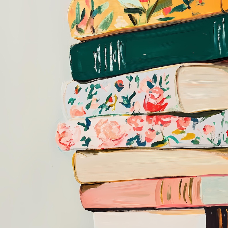 Floral Book Stack Art Print: Vintage Bookish Decor (digital Download ...