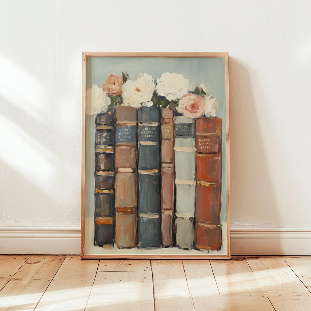 Floral Book Stack Art Print: Vintage Bookish Decor (digital Download ...