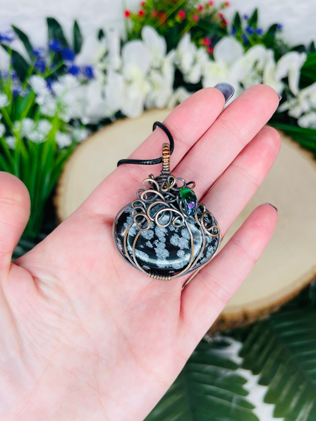Wire Wrapped Pumpkin Pendant | Snowflake Obsidian | Oxidized Copper ...