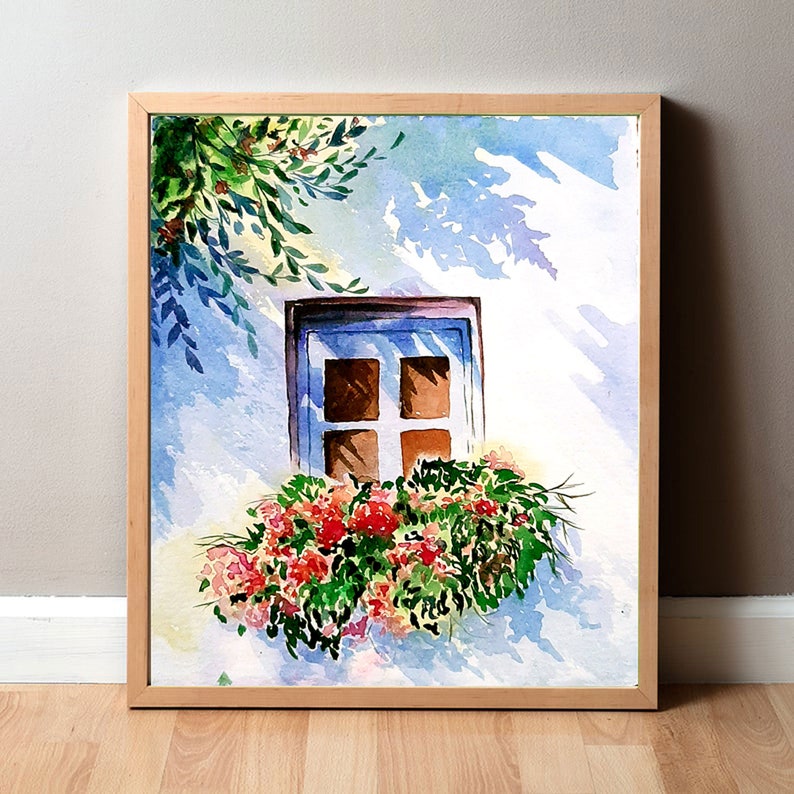 Spring Flowers Painting Window Box Original Watercolor Art - Etsy