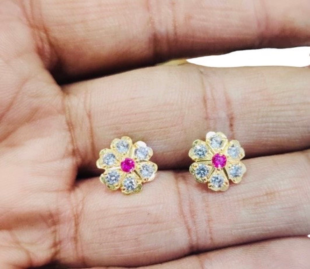 22k Solid Gold Floral Stud Solid Gold Earrings Gold Stud - Etsy