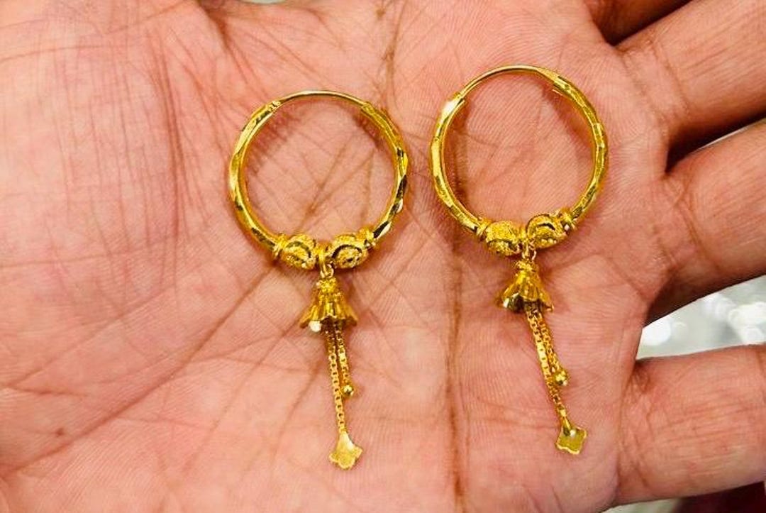 22k Solid Gold Handmade and Handcraftet Dangling Bell Hoops, Dangling ...