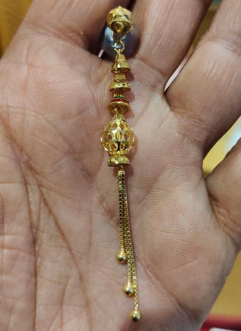 22k Solid Gold Earrings Long Chain Bell Earrings-ring Bell | Etsy