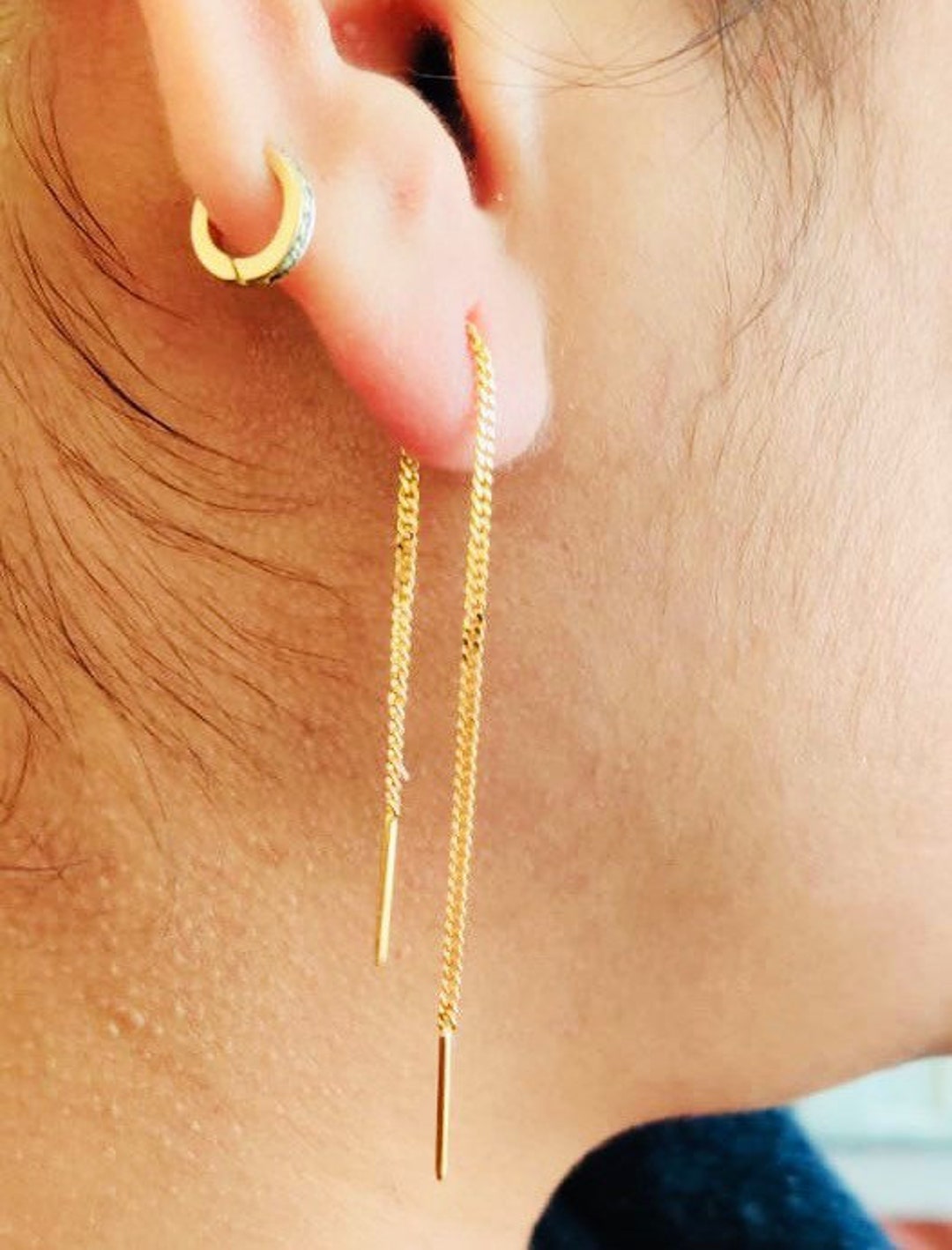 22k Gold Threader Earrings- Solid Gold Earrings- Long Chain Threader ...