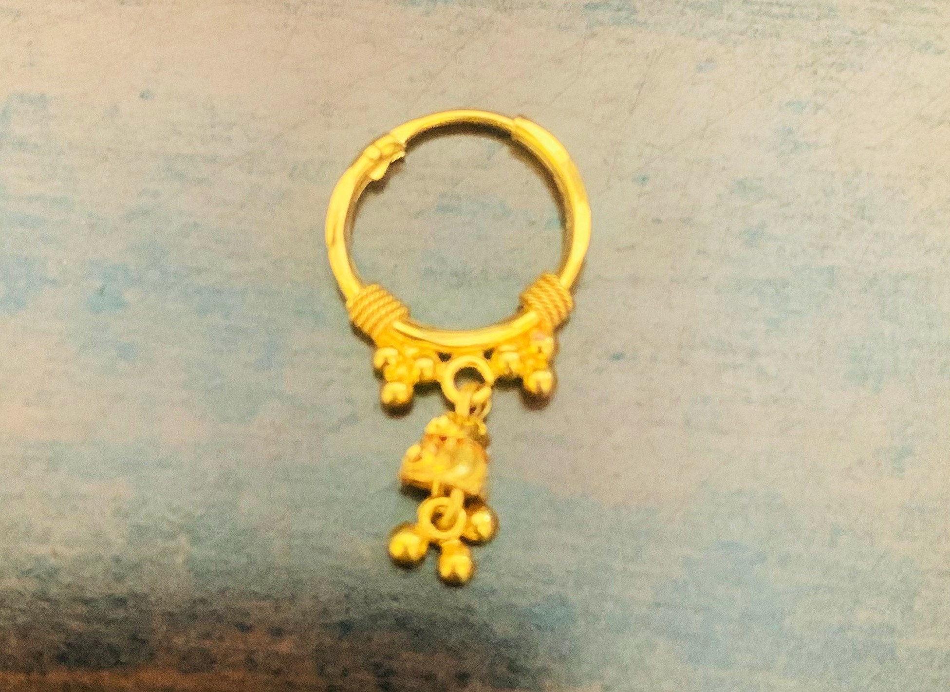 22kgold Diamond Cut Nose Ring With Dangling Balls-gold Nose Hoop-gold ...