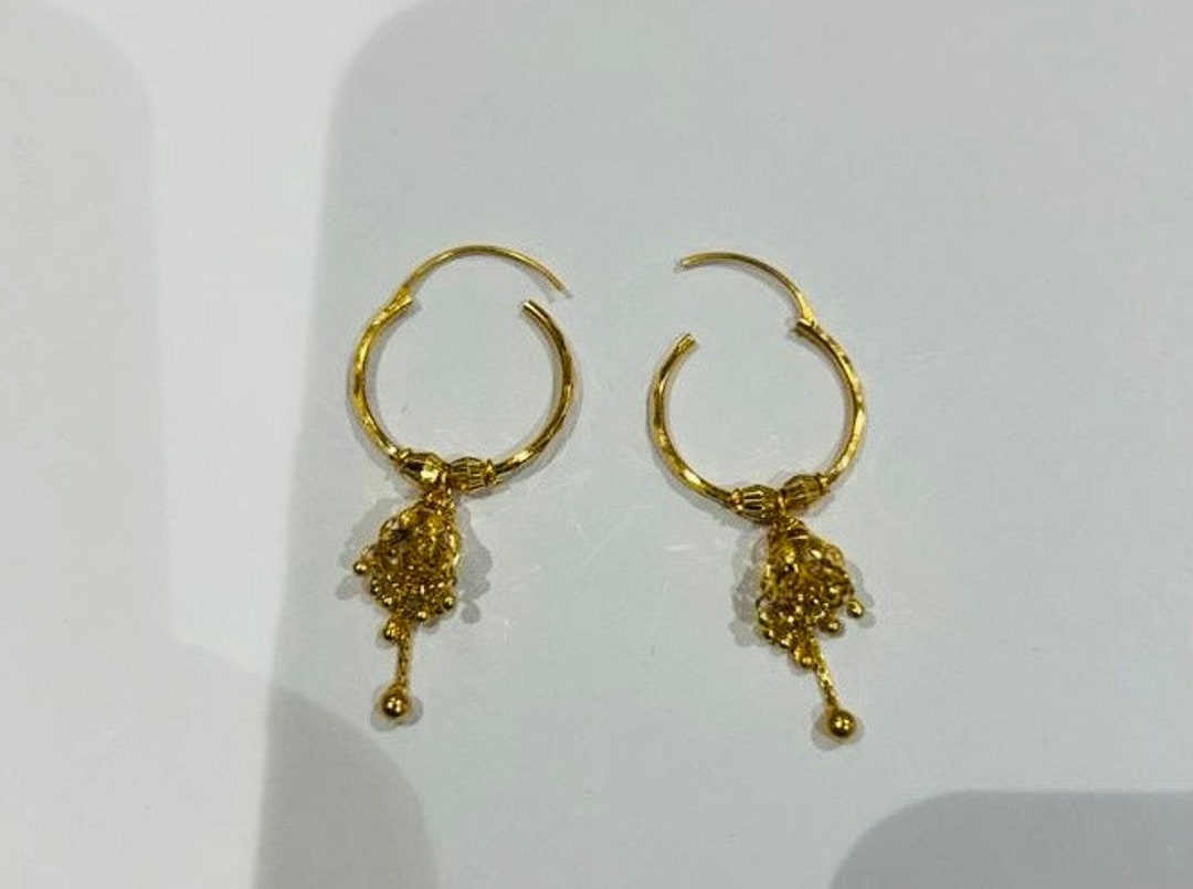 22k Solid Gold Handmade and Handcraftet Dangling Bell Hoops, Dangling ...
