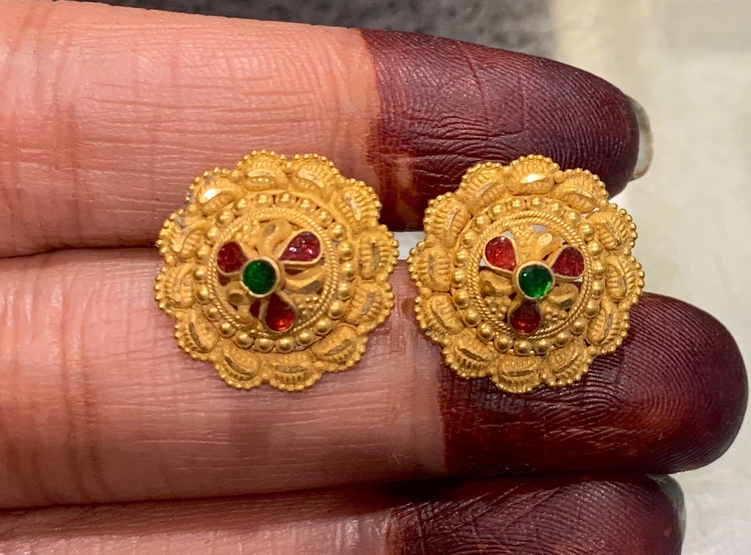 22k Solid Gold Stud-vintage Gold Stud-indian 22k Gold Floral Stud With ...