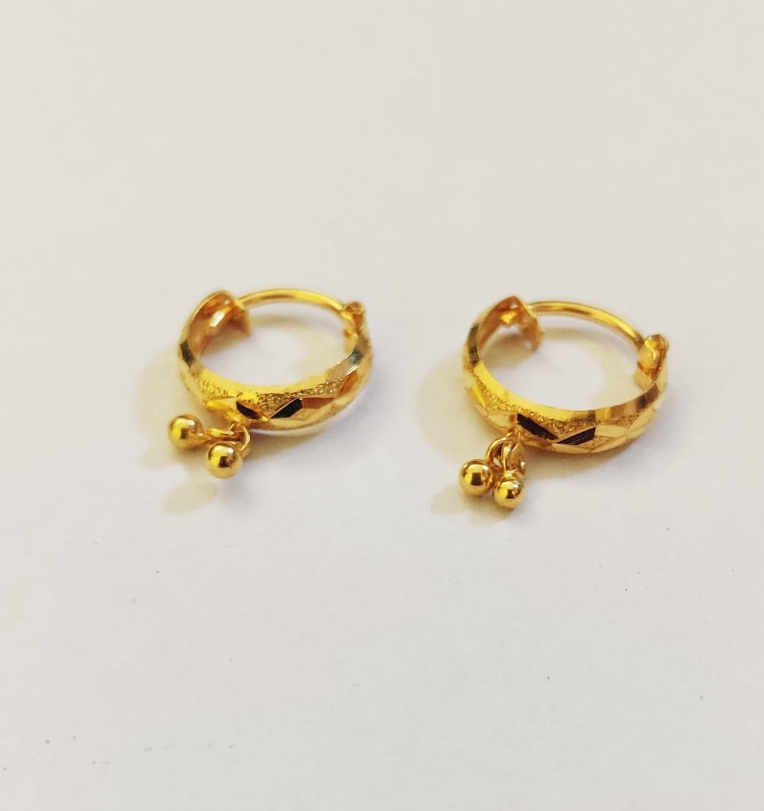 22k Gold Hoops-dangling Ball Gold Hoops -carved Gold Earring-solid ...