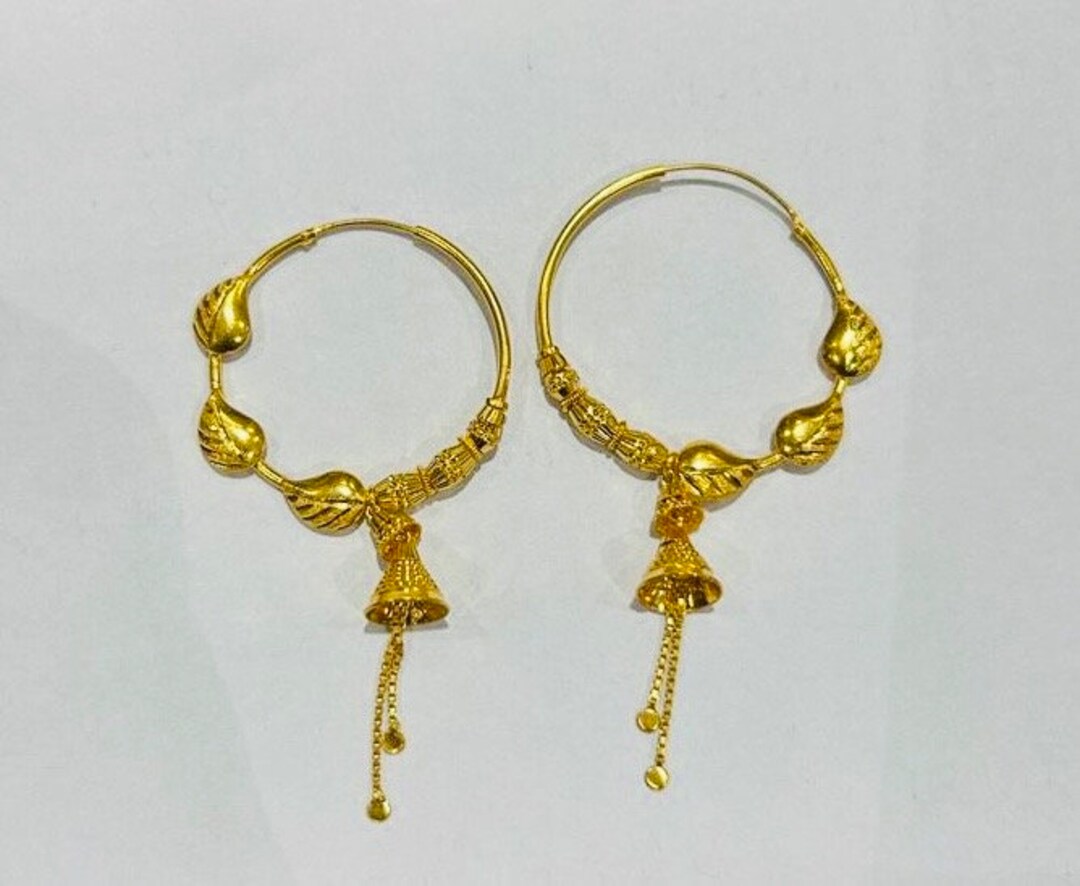22k Solid Gold Handmade and Handcraftet Dangling Bell Hoops, Dangling ...