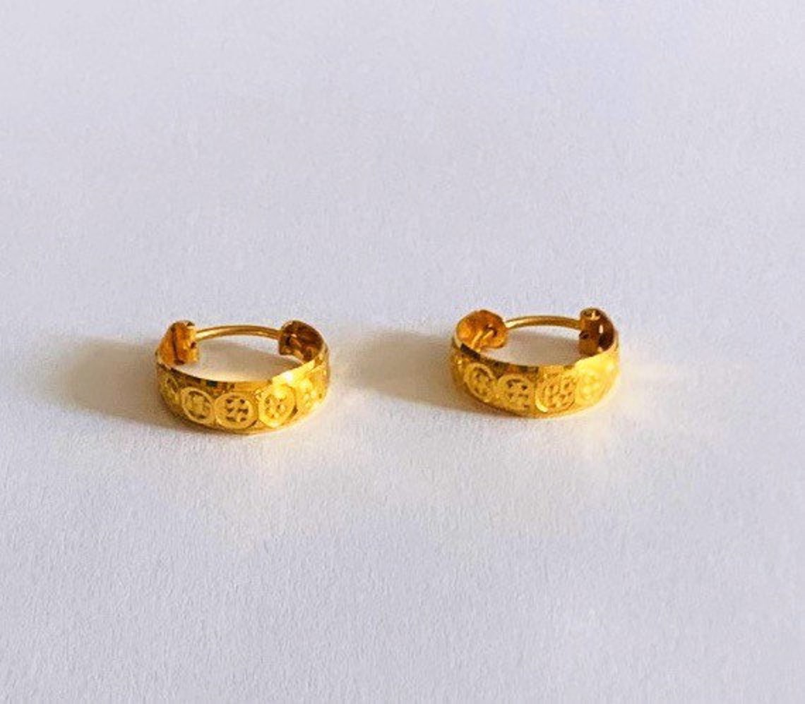 22k Gold Hoops Carved Gold Earring Solid Gold Hoops Tiny - Etsy