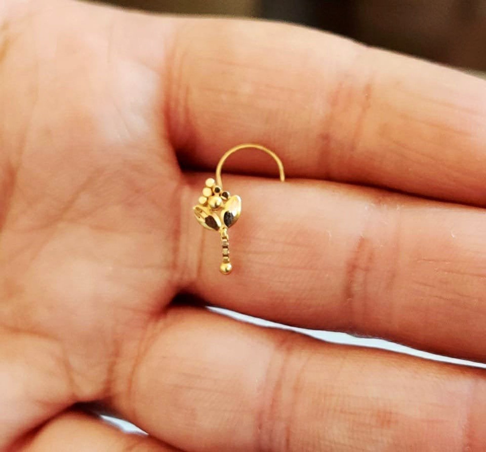 18k Gold Dangling Chain Nose Pin Gold Nose Pin Indian Design - Etsy