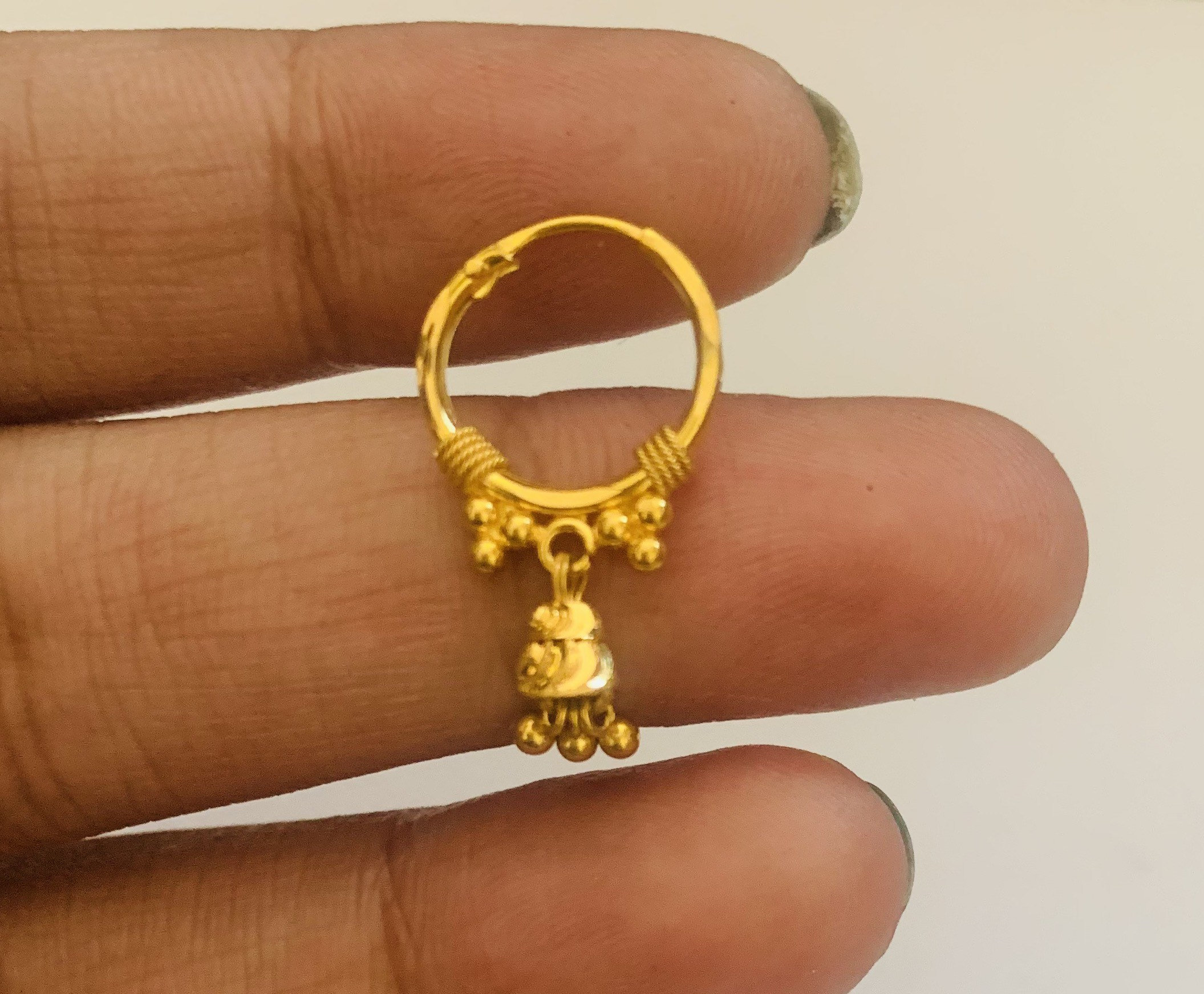 22kgold Diamond Cut Nose Ring With Dangling Balls-gold Nose Hoop-gold ...