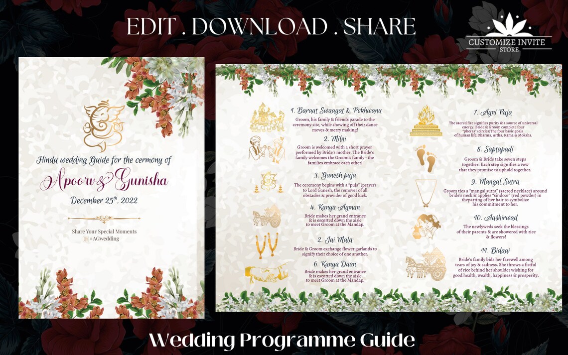 Hindu Wedding Program Printable as Indian Wedding Ceremony Program ...