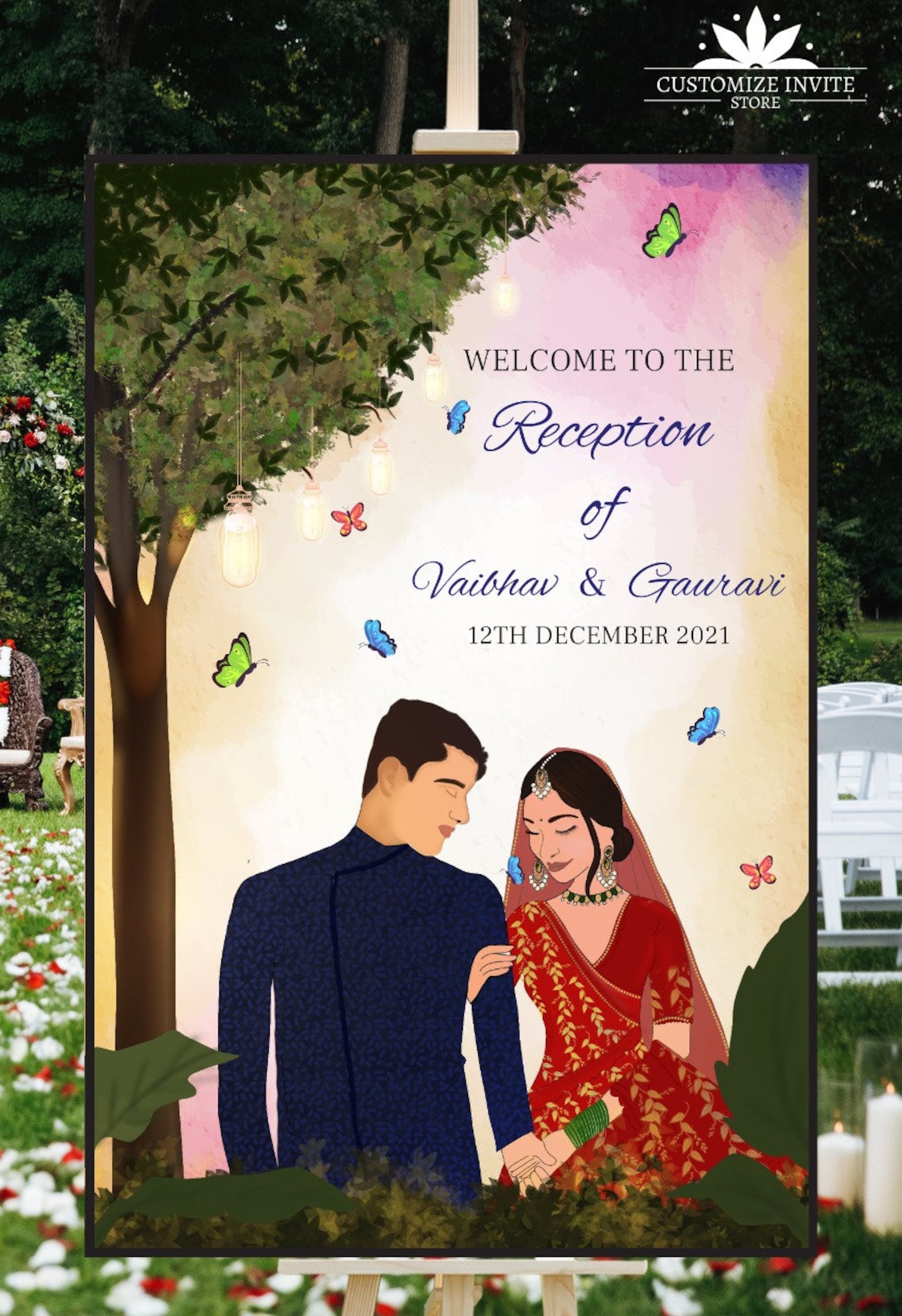 Indian Reception Welcome Signs, Custom Portrait Indian Couple Sign ...