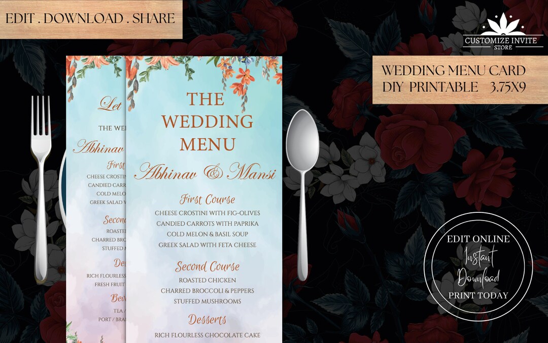 Wedding Orange Tropical Floral Menu Editable Background, Green Rose ...