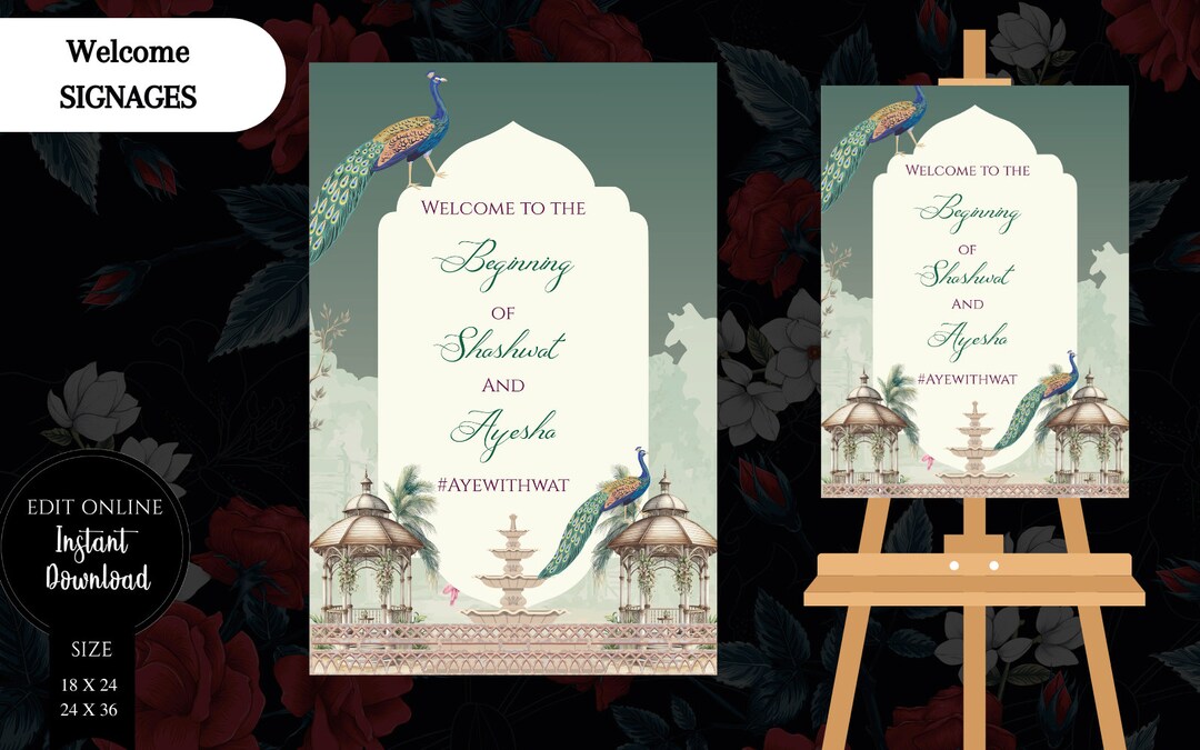 Wedding Mehrab and Peacock Mehndi and Wedding Theme Signs as Welcome ...
