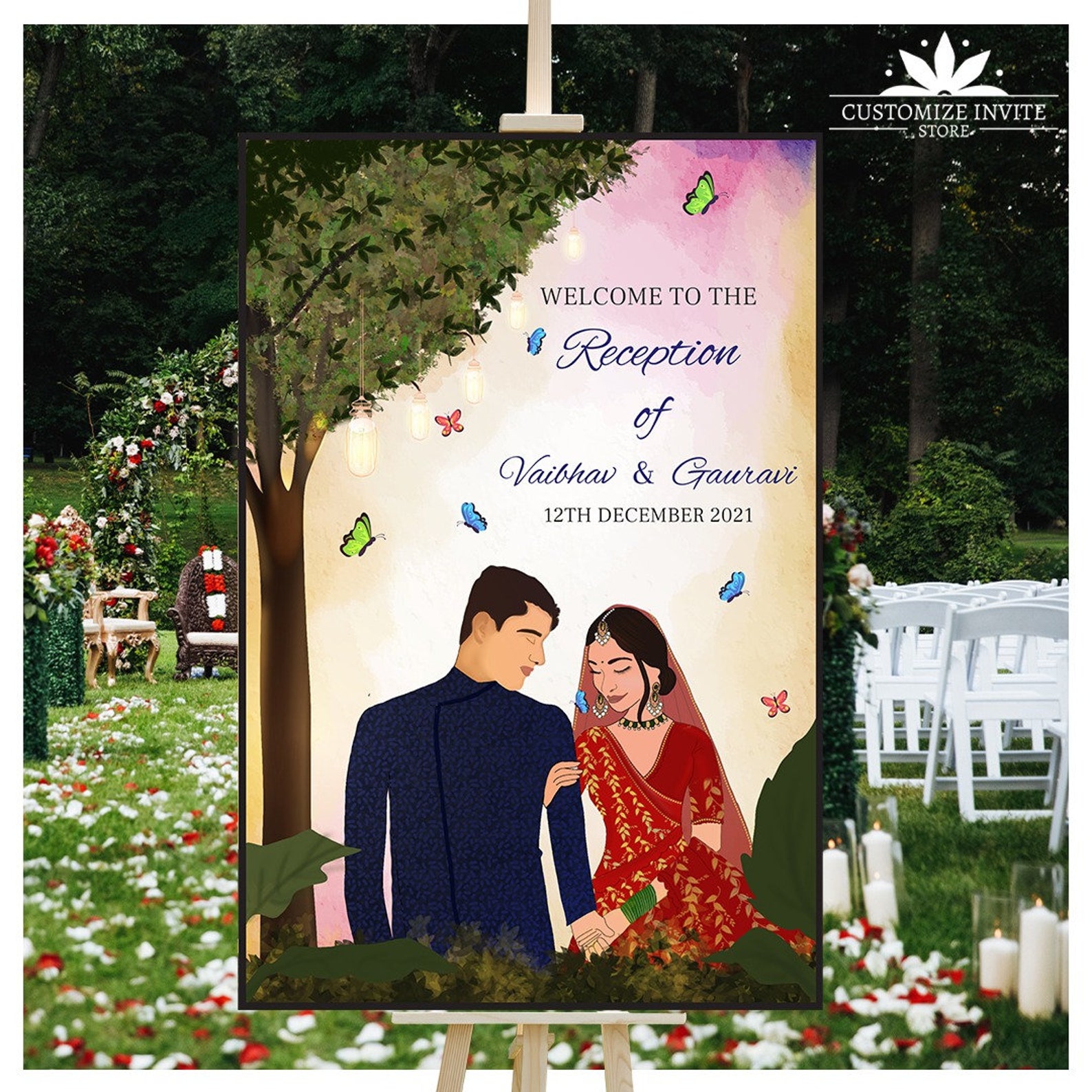 Indian Reception Welcome Signs, Custom Portrait Indian Couple Sign ...