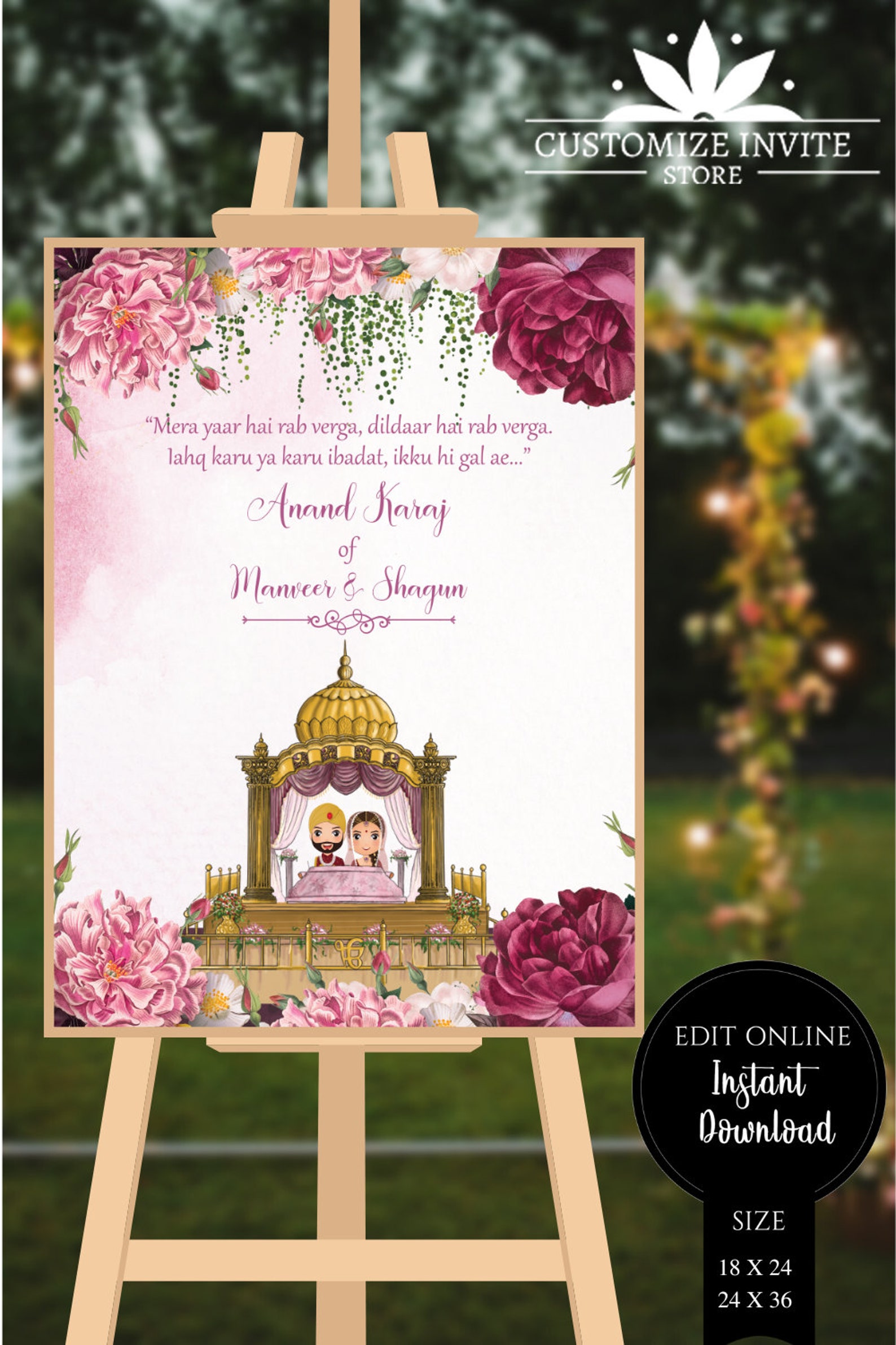 Maroon Floral Punjabi Wedding Sign, Indian Welcome Sign, Sikh Wedding ...