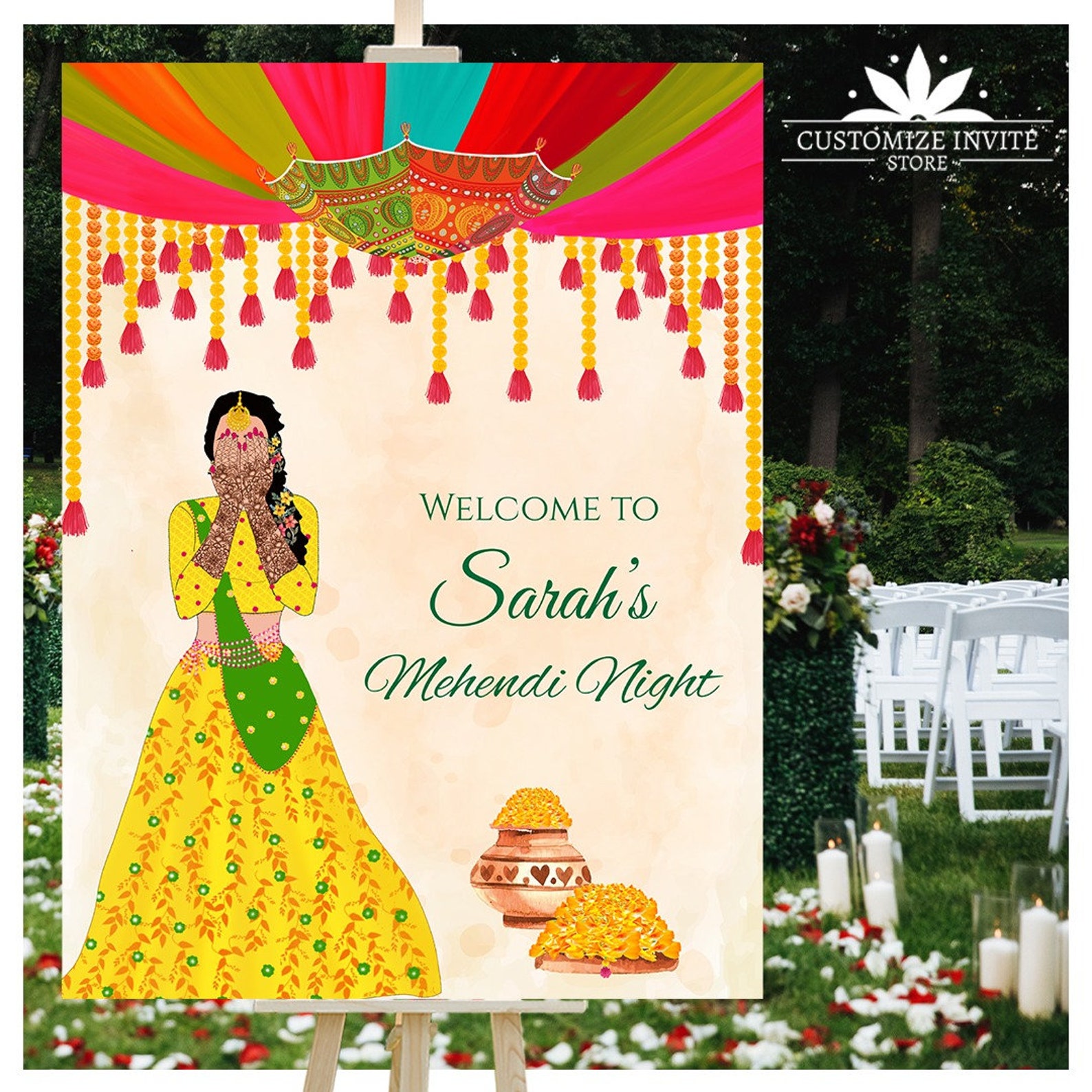 Henna Welcome Sign, Mehndi Night Welcome Signage With Umbrella Decor ...