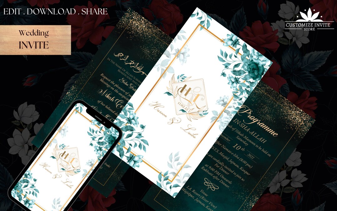 Green Floral Muslim Nikaah Invite Templates & Islamic Wedding Invite ...