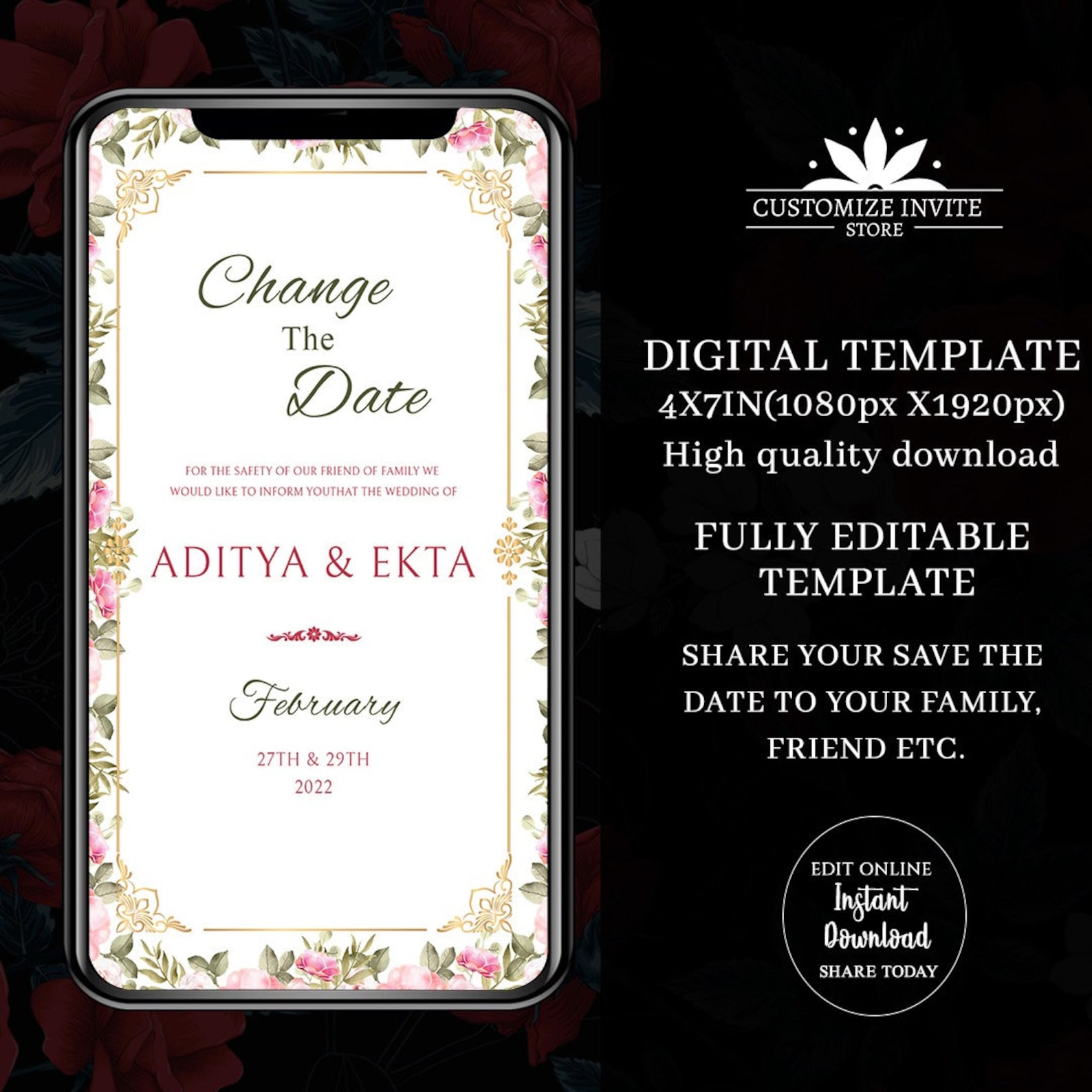 Indian Change the Date Invitation, Digital Postponement Spring Invite ...