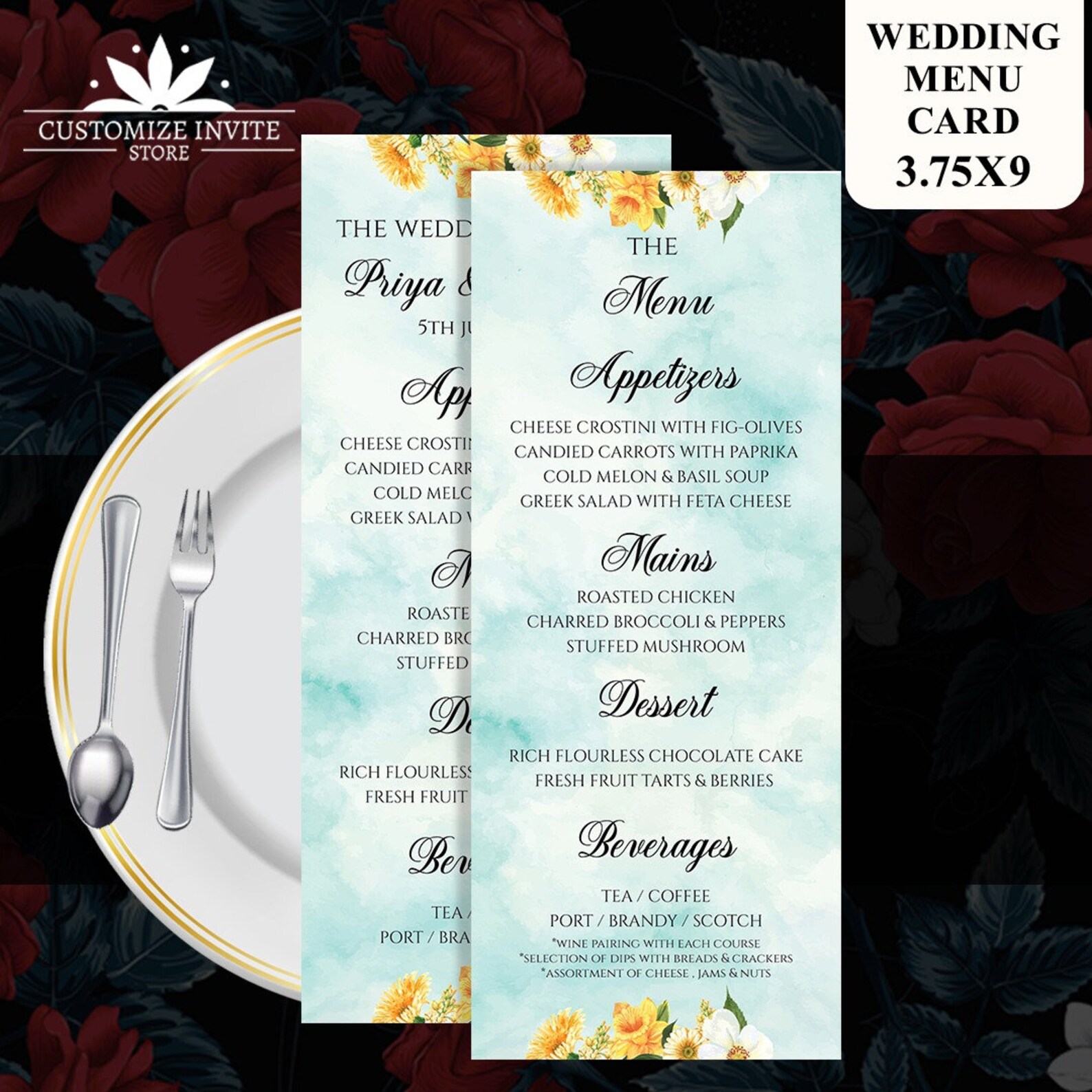 Indian Wedding Dinner Menus Light Blue Wedding Menu Cards - Etsy