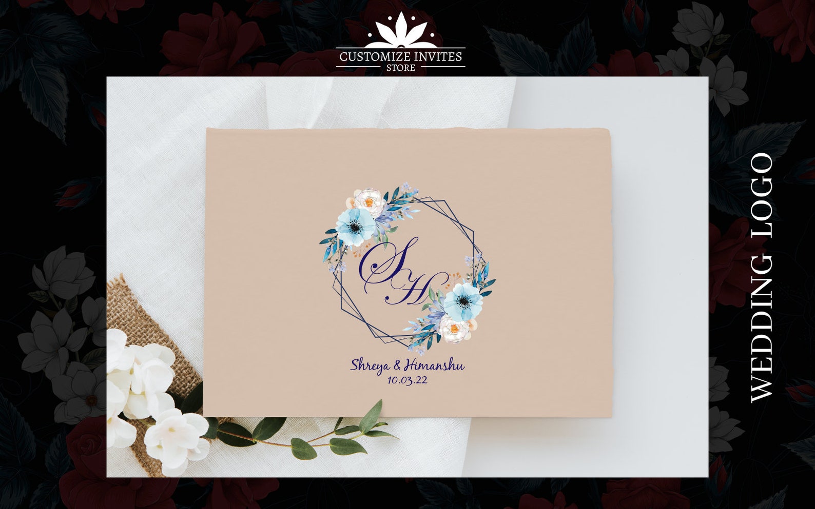 Green Wedding Logo for Wedding Invitation Monogram Crest, Green Leaves ...