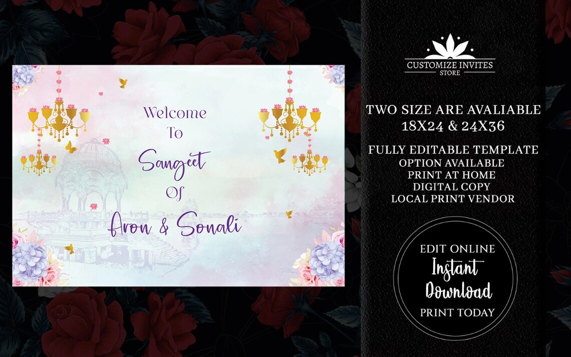 Sangeet Signs, Sangeet Welcome Sign as Floral Welcome Sign, Royal ...