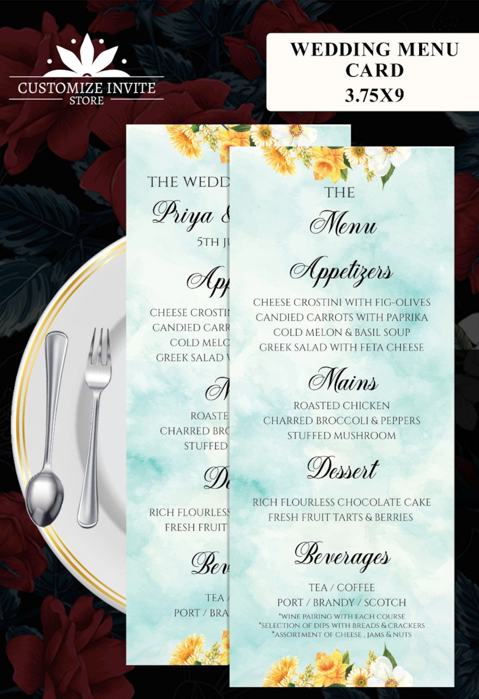 Indian Wedding Dinner Menus Light Blue Wedding Menu Cards - Etsy
