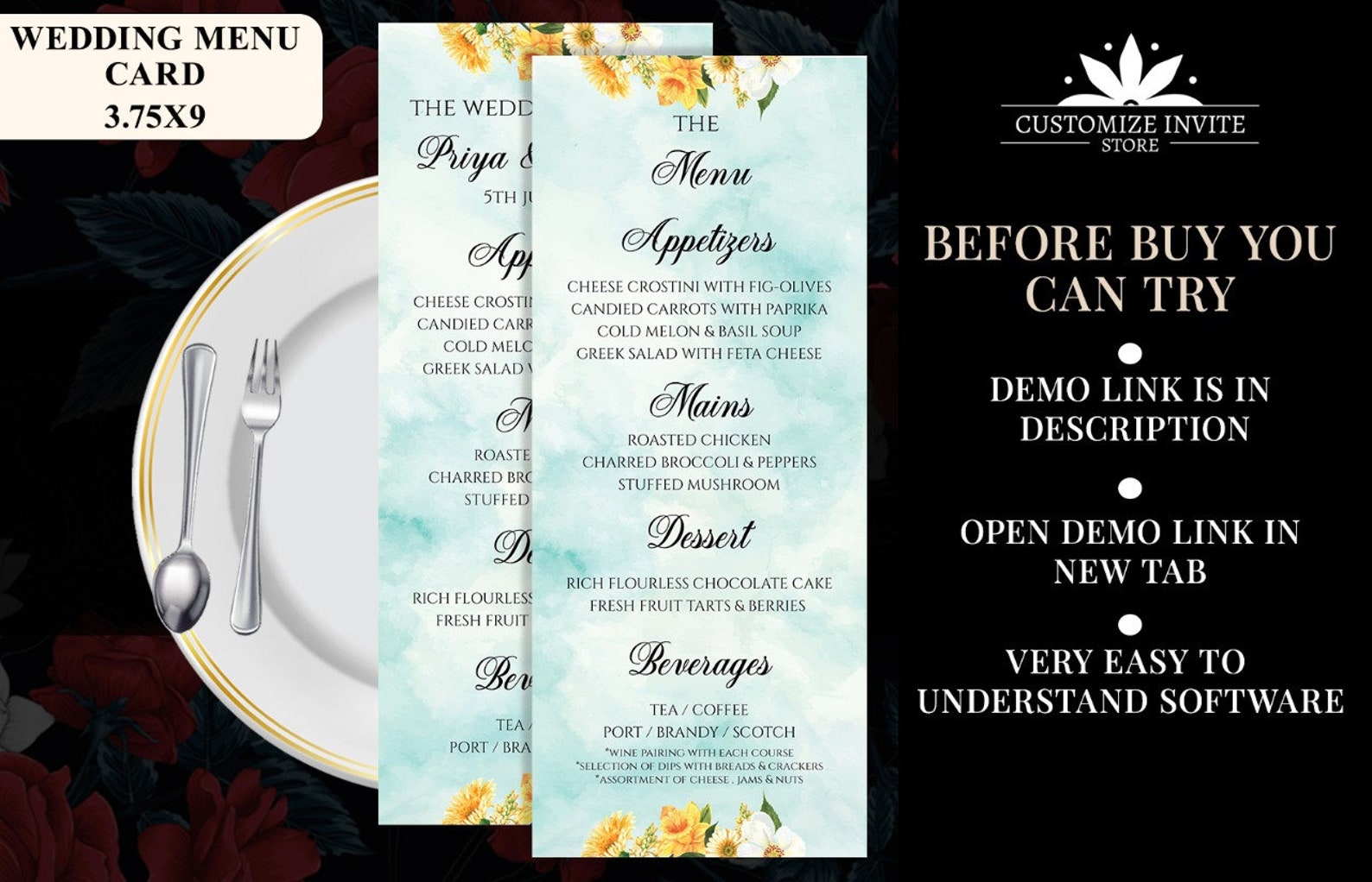 Indian Wedding Dinner Menus Light Blue Wedding Menu Cards - Etsy