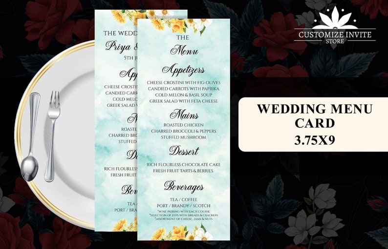 Indian Wedding Dinner Menus Light Blue Wedding Menu Cards - Etsy