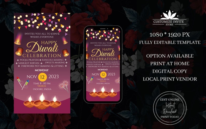 Beautiful Lighting Diwali Party E-invite, Diwali Dinner Invites as ...