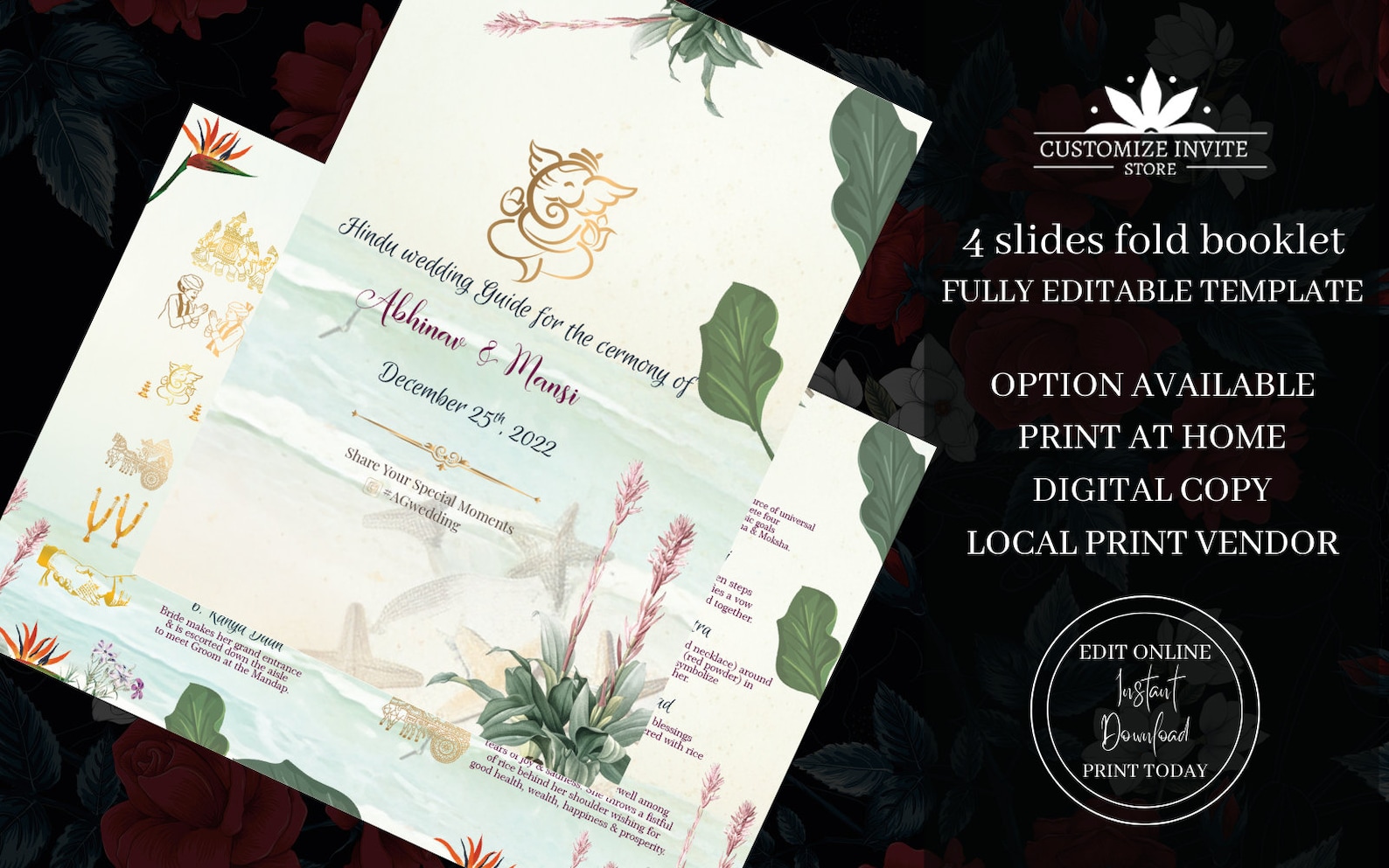 Beautiful Beach Hindu Wedding Program Printable Invite Template ...