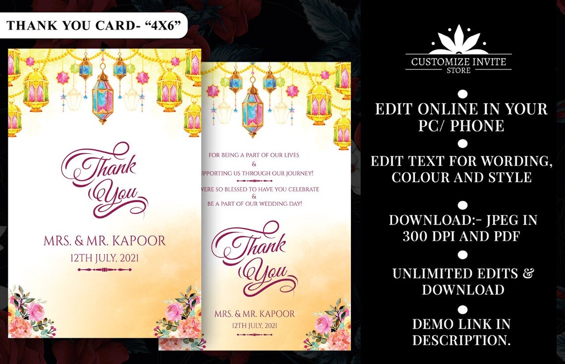 Indian Wedding Thank You Cards, Lanthorn Design (digital Download) - Etsy