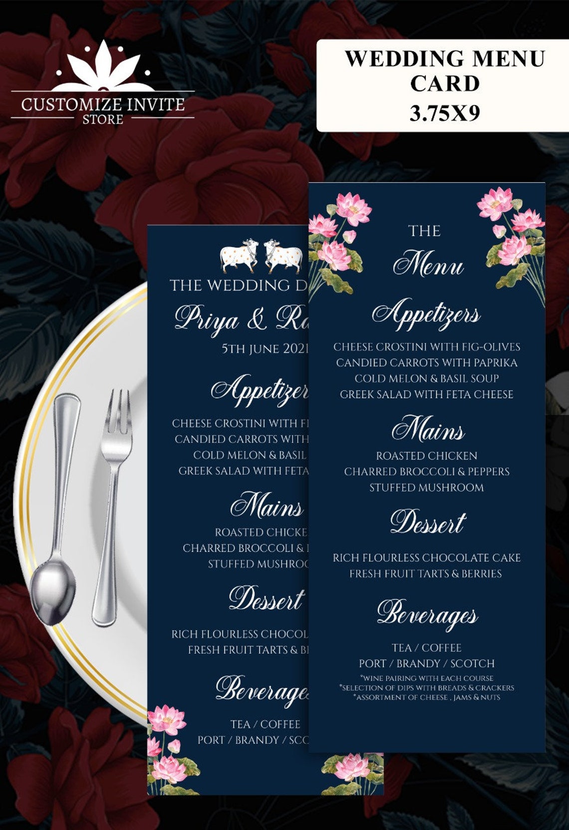 Indian Wedding Dinner Menus, Navy Blue Wedding Menu Cards Lunch, Garden ...