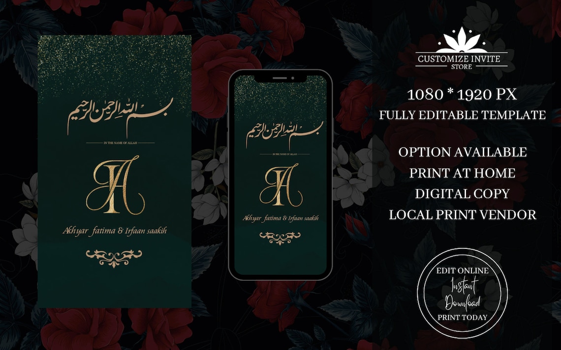 Green Muslim Shaadi Invite Templates & Islamic Wedding Invite Card ...