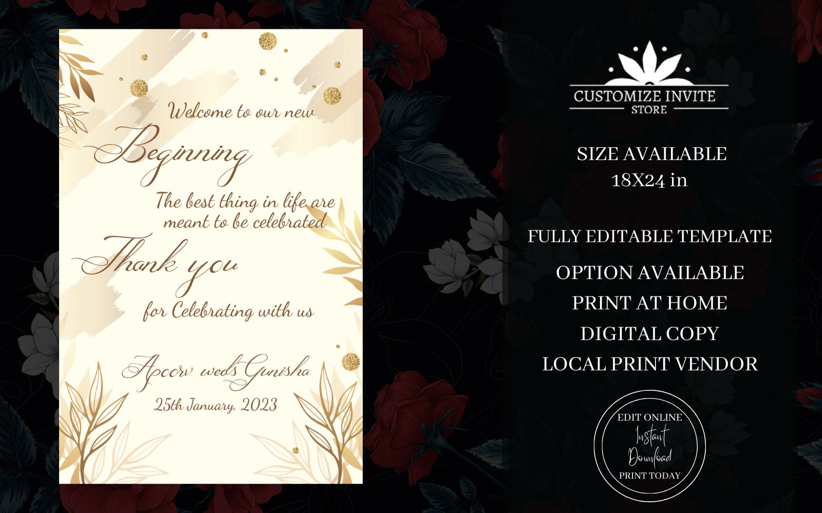 Golden Leaves Editable Welcome Sign, Welcome Sign Template, Beige ...