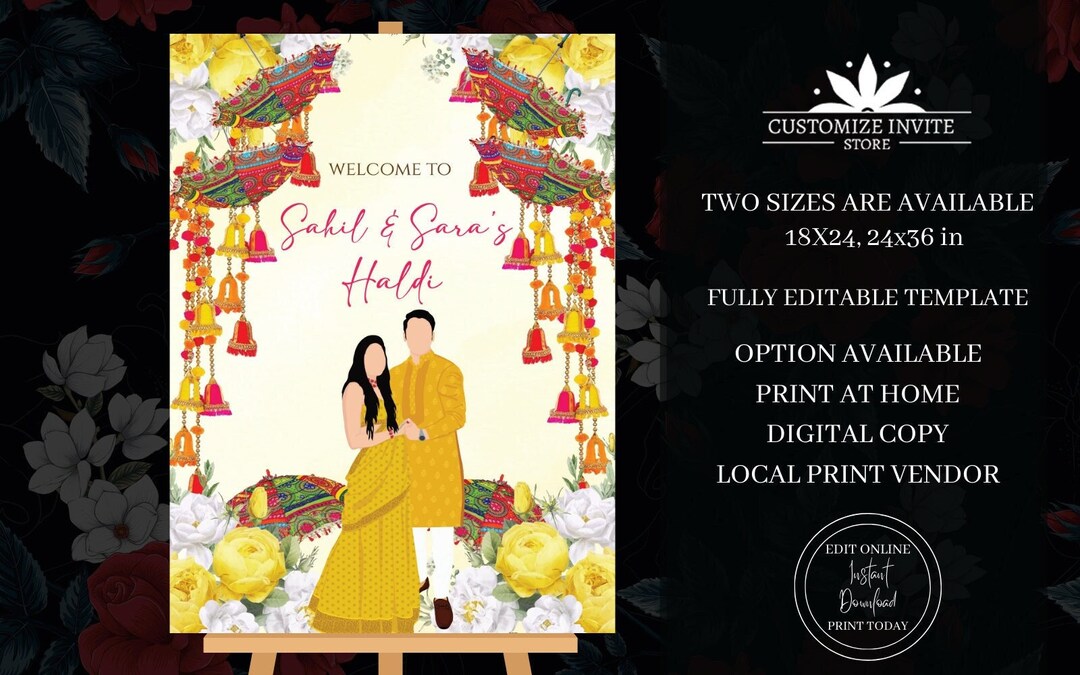 Indian Haldi Ceremony Welcome Signs, Fully Editable Indian Couple ...