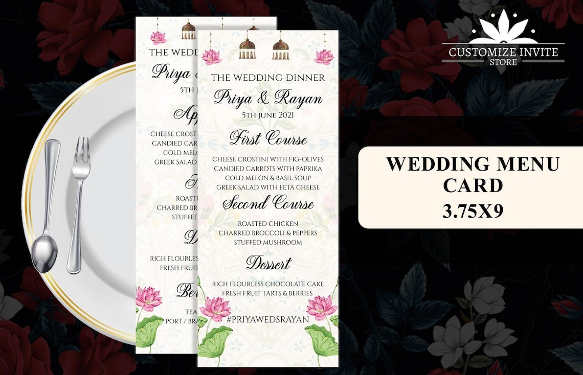Indian Wedding Dinner Menus, Pink Wedding Menu Cards With Lotus Theme ...
