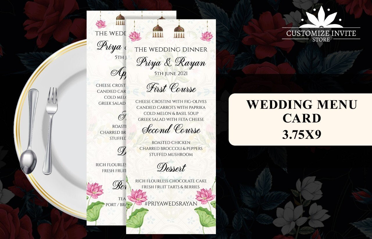 Indian Wedding Dinner Menus, Pink Wedding Menu Cards With Lotus Theme ...