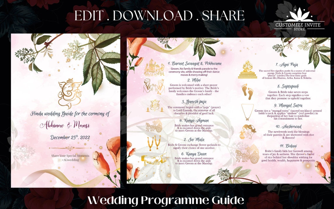 Indian Wedding Program Water Colour Pastle Wedding Guide, Hindu Wedding ...