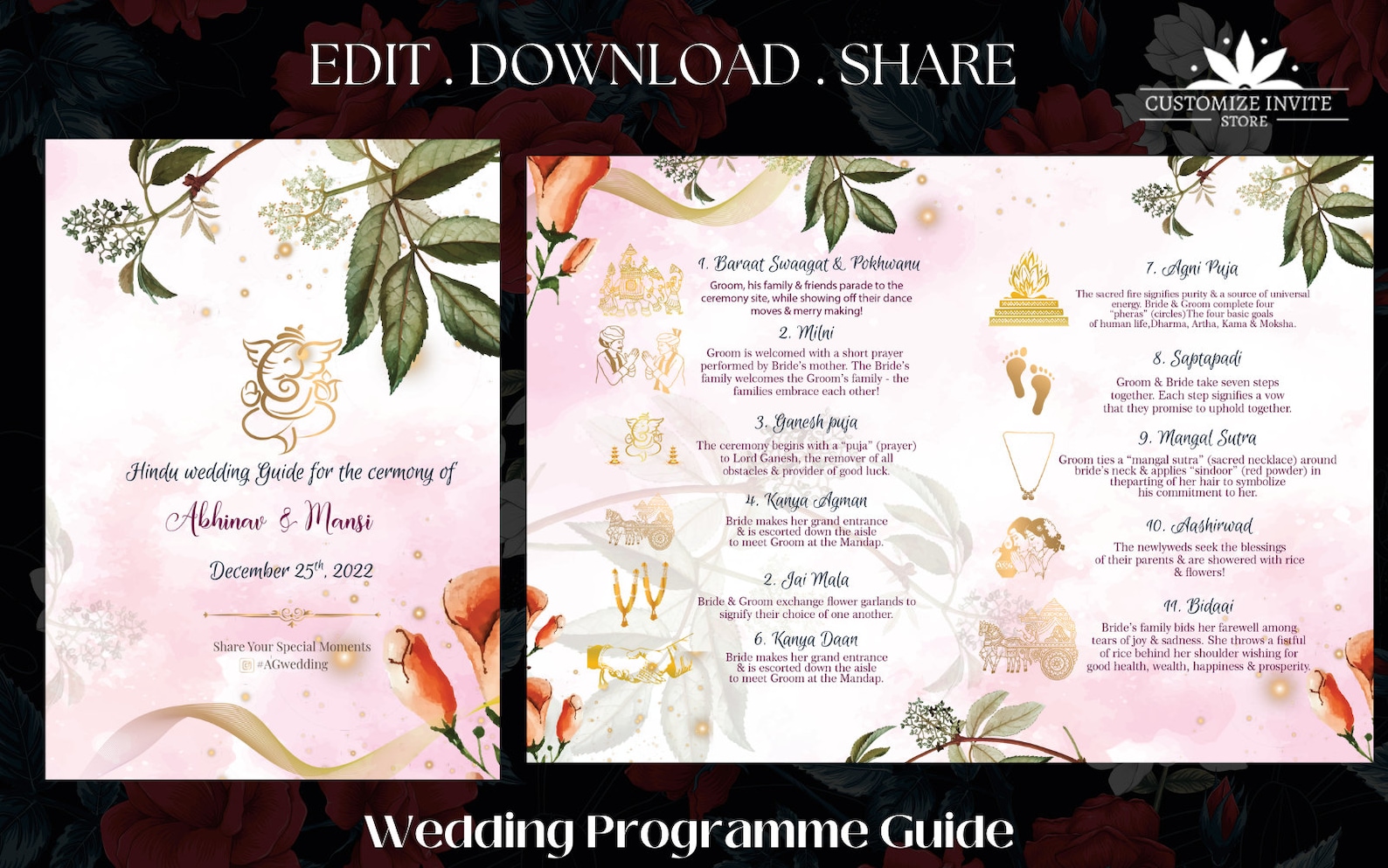 Indian Wedding Program Water Colour Pastle Wedding Guide, Hindu Wedding ...