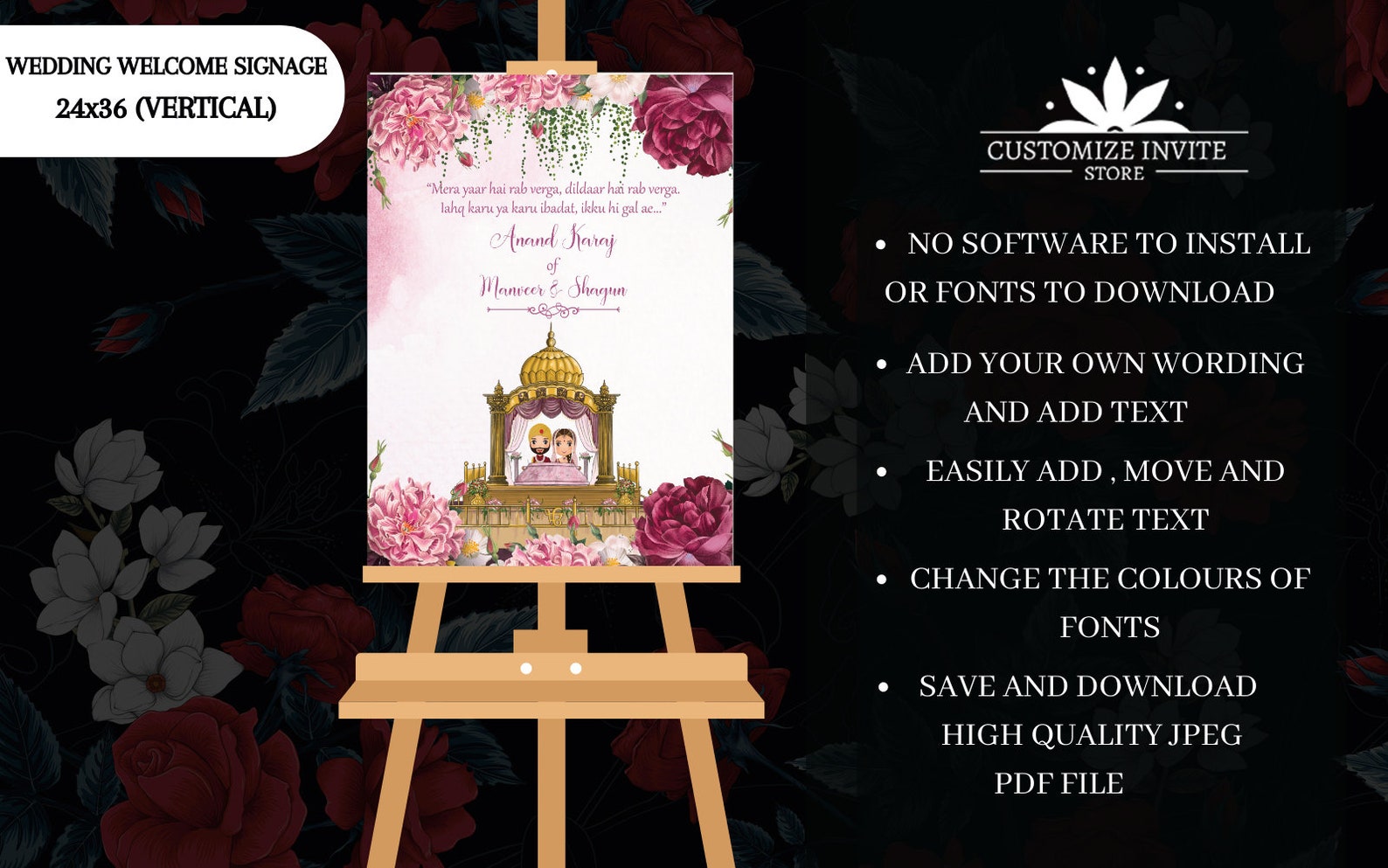 Maroon Floral Punjabi Wedding Sign, Indian Welcome Sign, Sikh Wedding ...