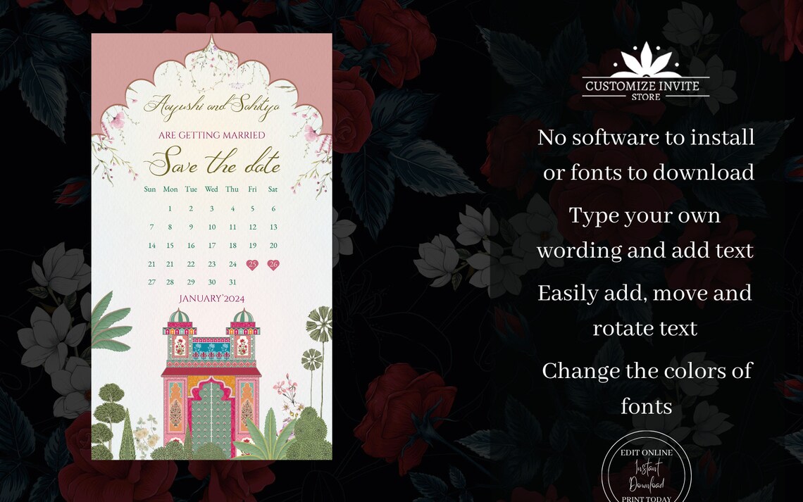 Hindu Mughal Palace and Amaravati Trees Wedding Invitation, Calender ...