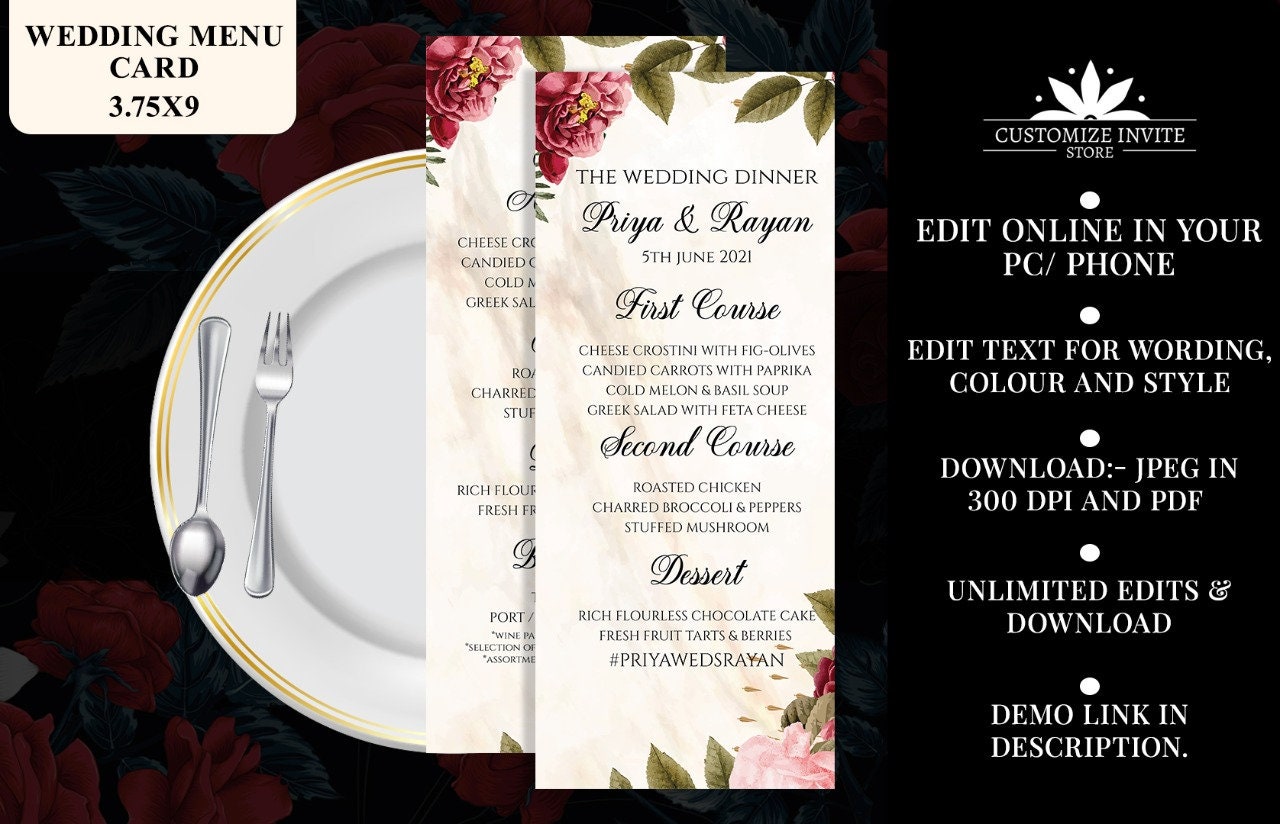 Indian Wedding Dinner Menus, Royal Red Wedding Menu Cards Lunch, Garden ...