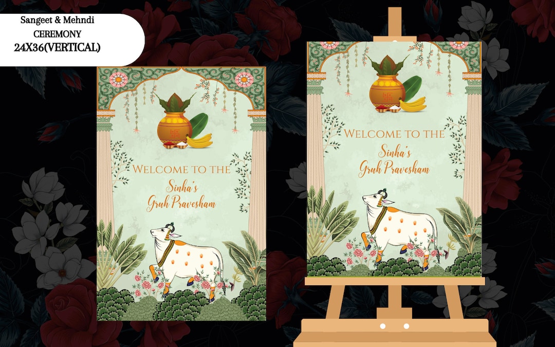 Gruhapravesam Pooja Sign With Cow & Gruhapravesham Sign, Indian Grih ...