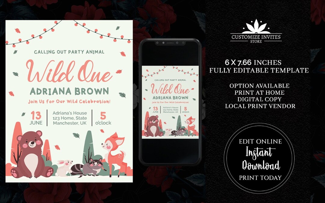 Editable Wild One Birthday Boy Invitation, Safari Party Invitation ...