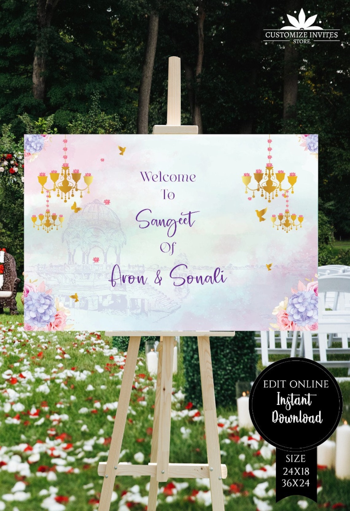 Sangeet Signs, Sangeet Welcome Sign as Floral Welcome Sign, Royal ...